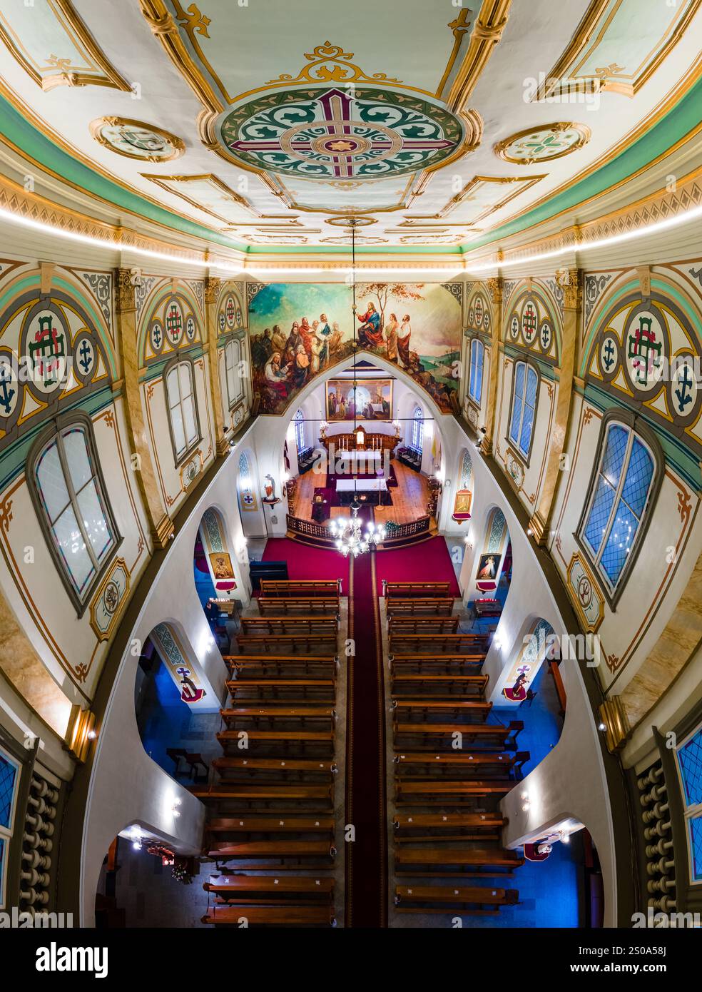 The image shows an aerial perspective of a church interior, featuring a ...