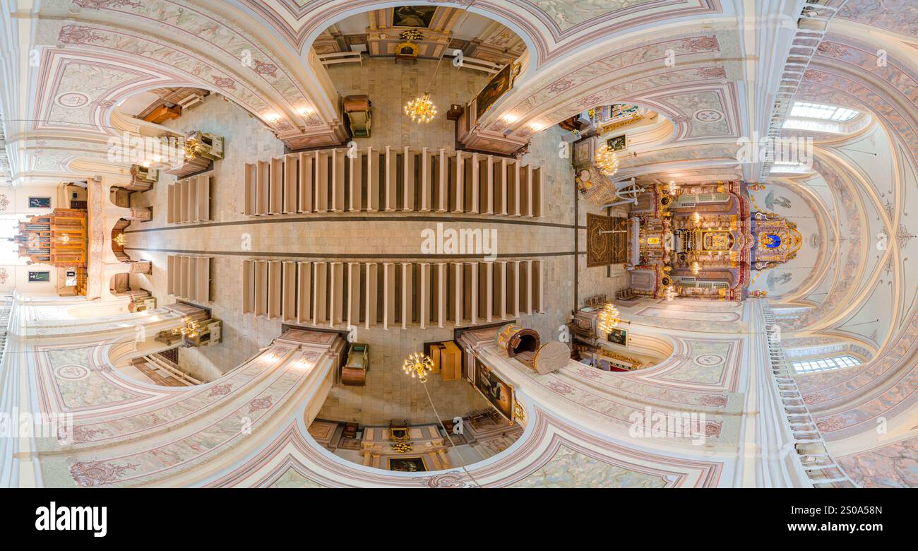 The image captures an aerial view of a cathedral interior, highlighting ...
