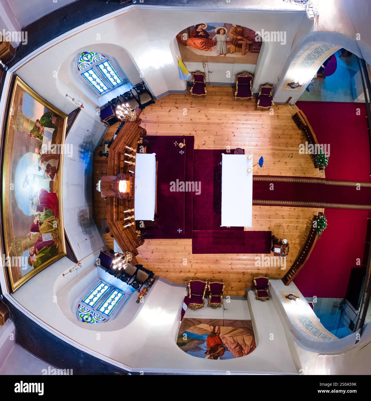 The image captures an aerial view of a cathedral's interior, showcasing ...