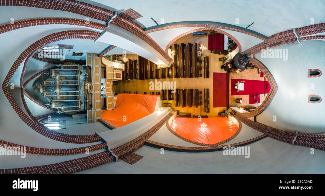 The image captures an aerial view of a cathedral's interior, featuring ...