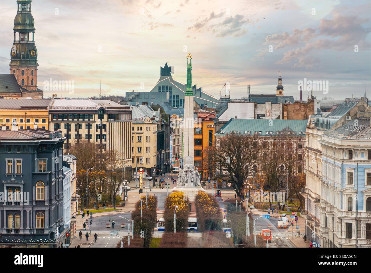 Aerial view of Riga, Latvia, highlighting the Freedom Monument amidst ...