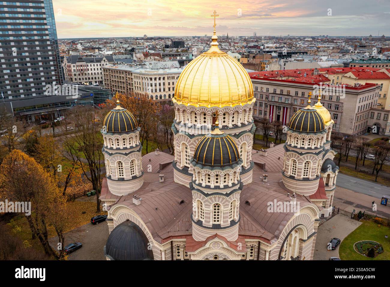 The Nativity of Christ Cathedral in Riga, Latvia, features golden domes ...