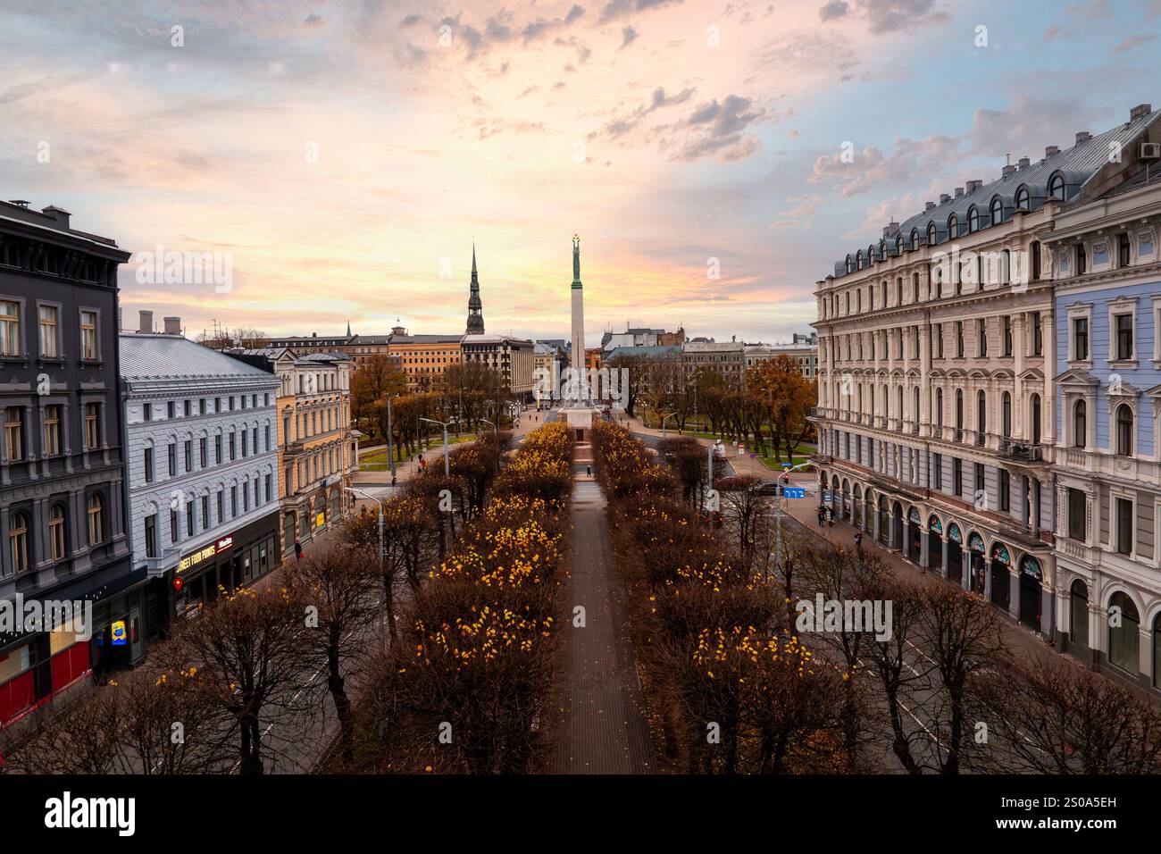Aerial view of Riga, Latvia, highlighting the Freedom Monument, tree ...