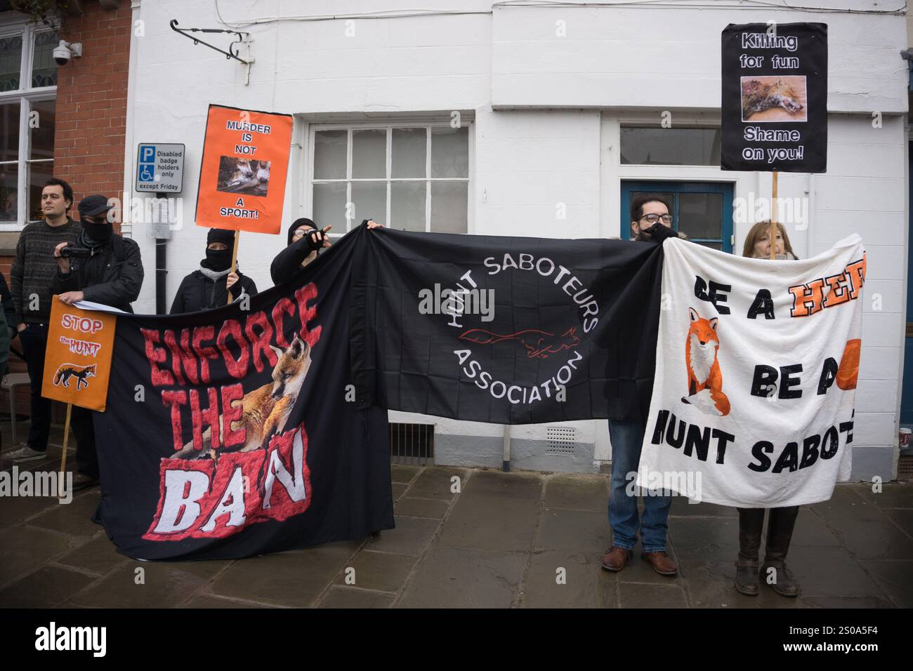 Leominster, UK. 26th Dec, 2024. Anti hunting banners are seen during ...