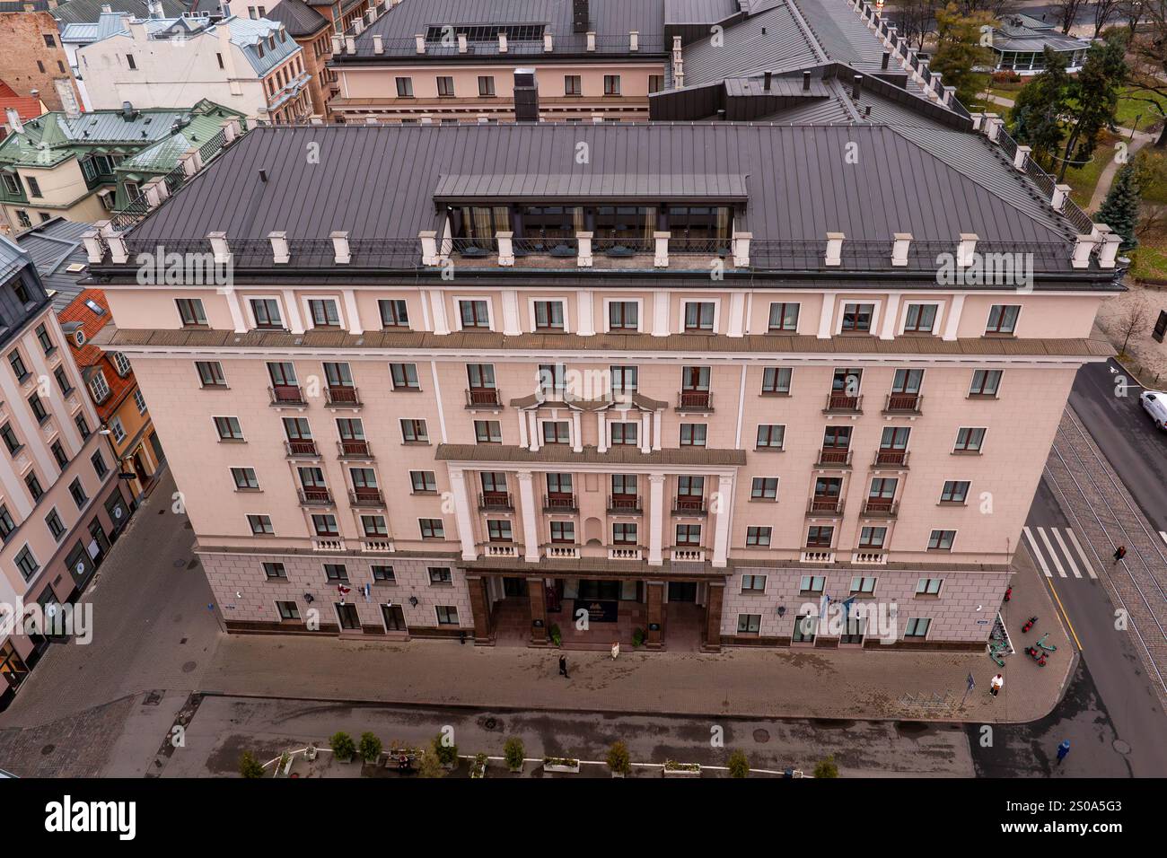 Aerial perspective of a large building in Riga, Latvia, with a ...