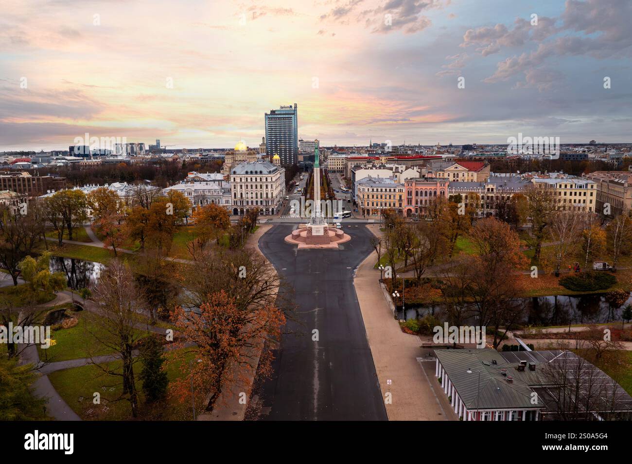 Riga, Latvia's Freedom Monument is centered in an aerial view ...