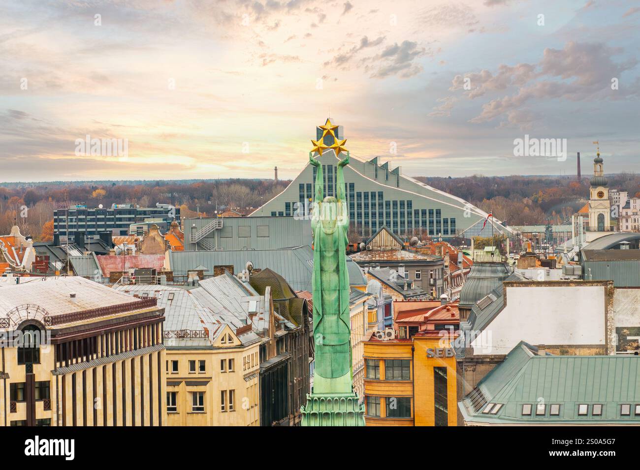 Aerial view of Riga, Latvia, highlighting the Freedom Monument and the ...