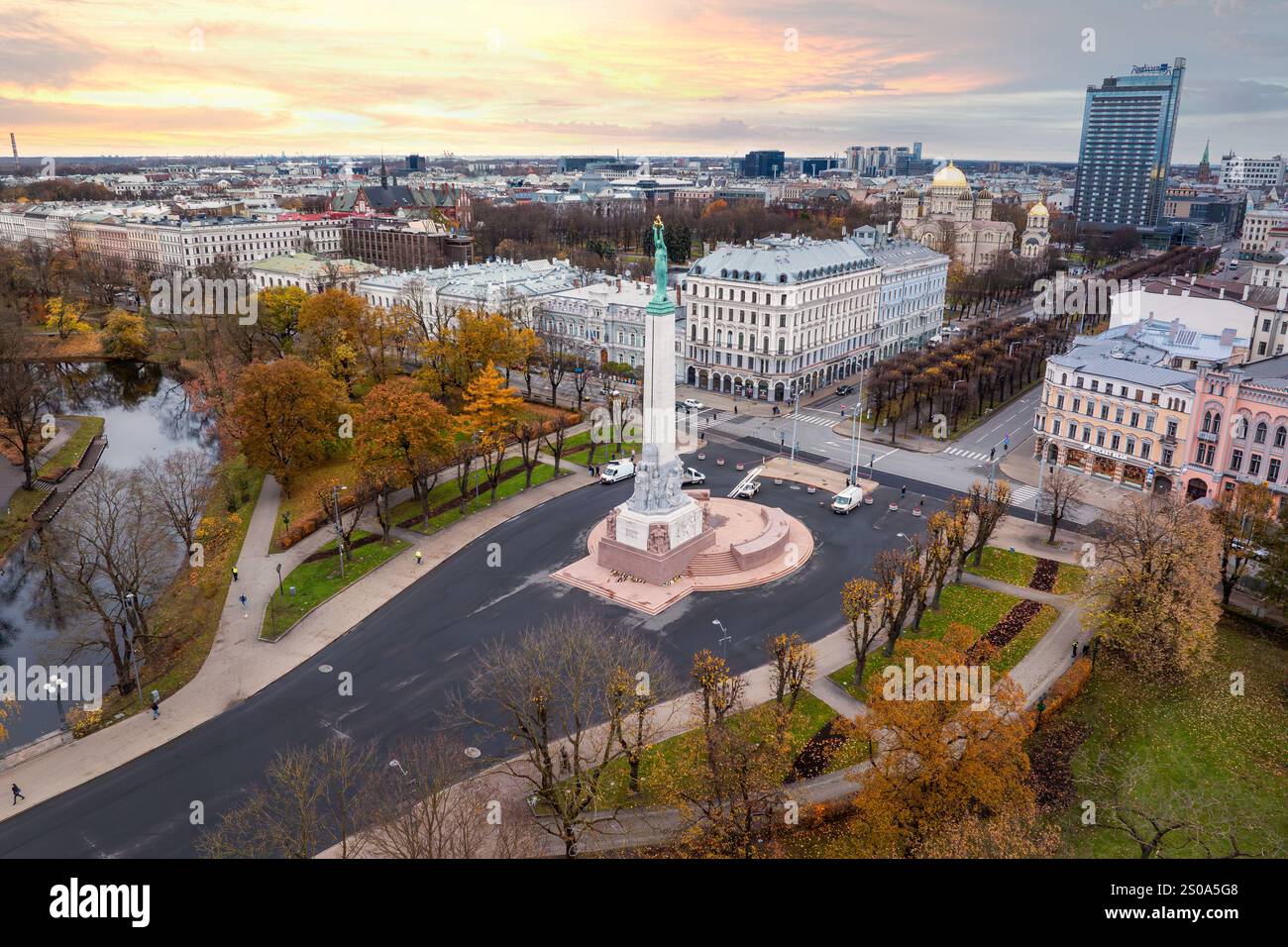 Aerial view of Riga, Latvia, highlighting the Freedom Monument amidst a ...
