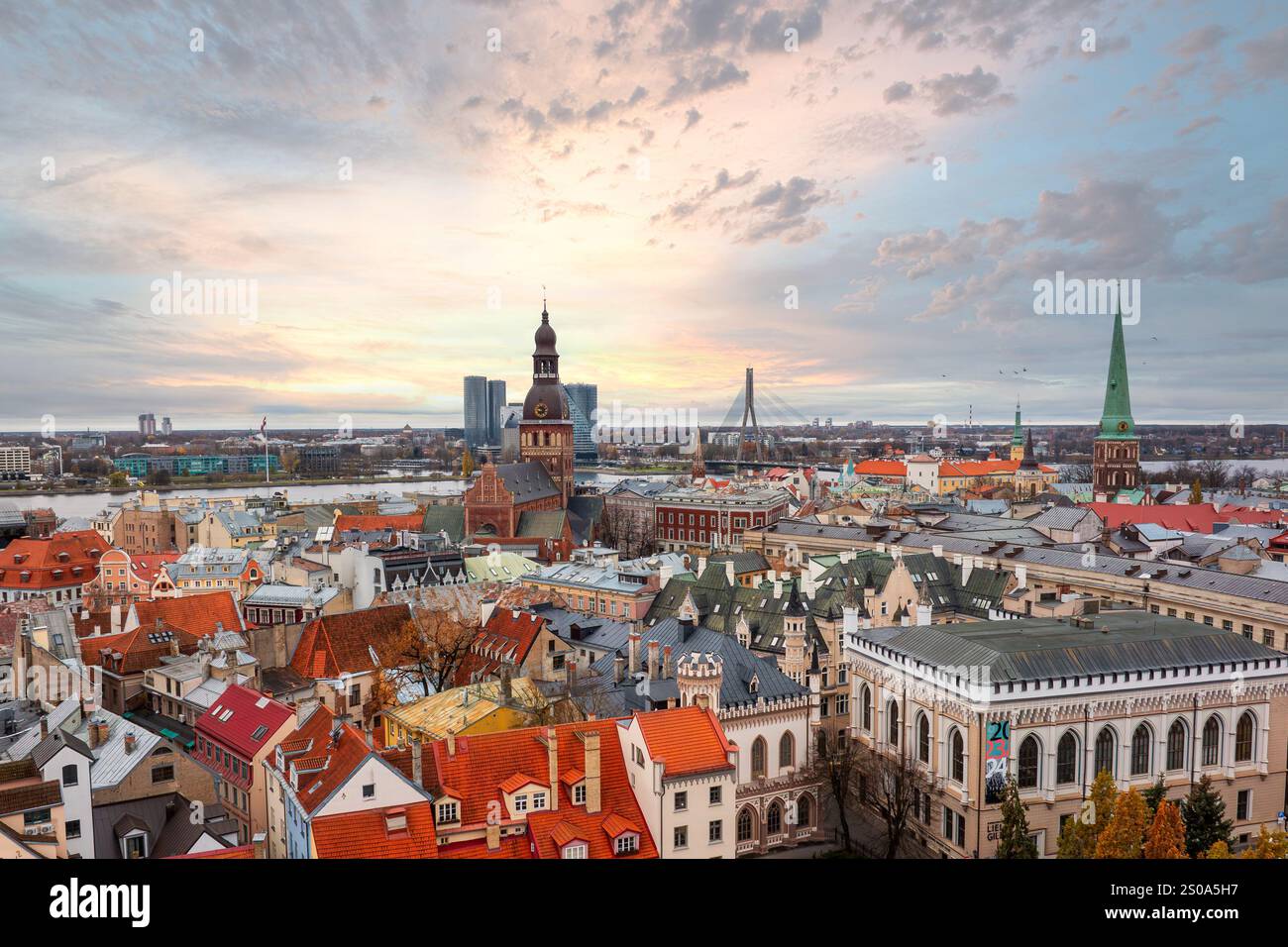 Aerial view of Riga, Latvia, featuring the historic Riga Cathedral and ...