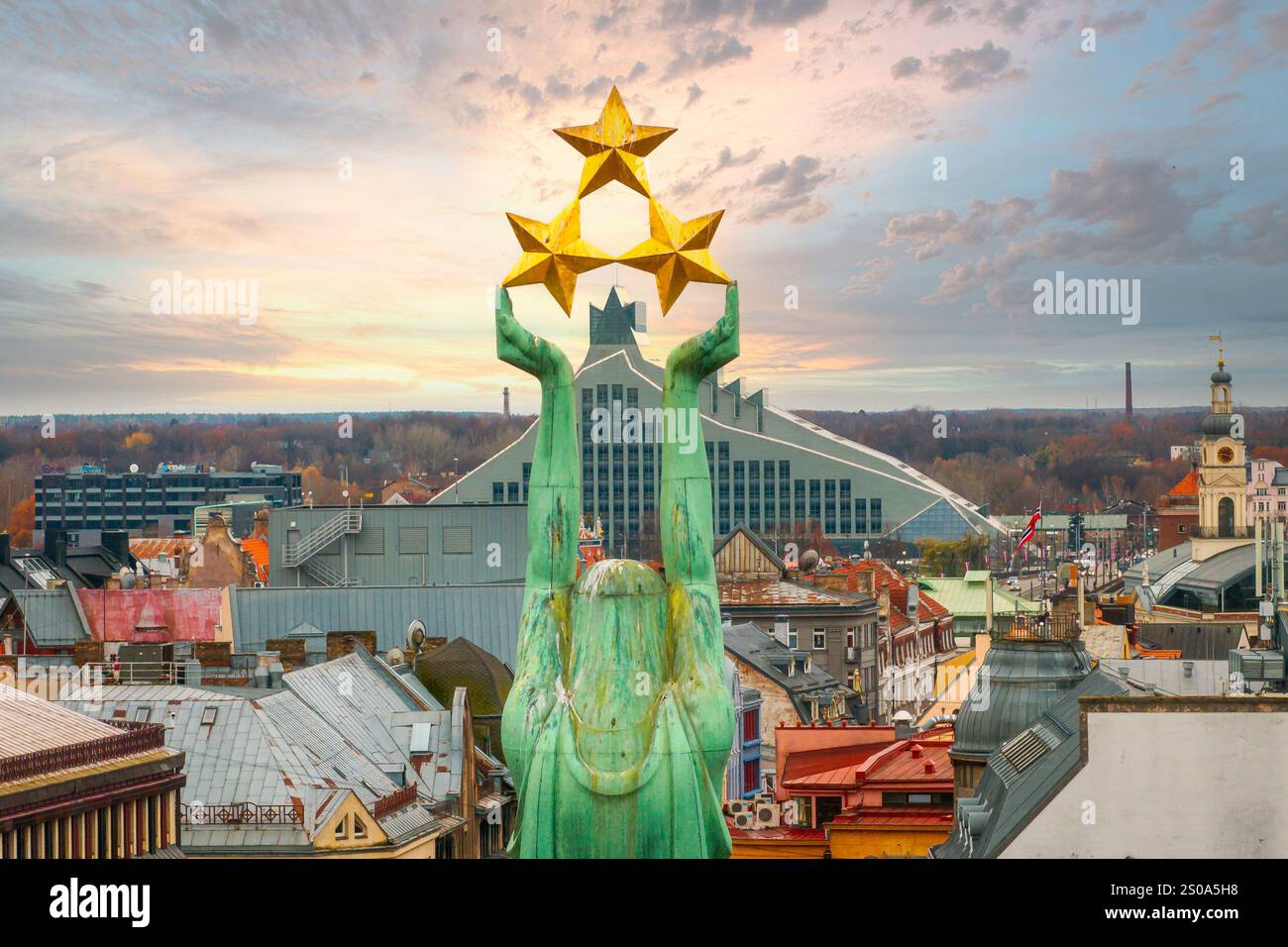Aerial view of the Freedom Monument in Riga, Latvia, with a statue of a ...