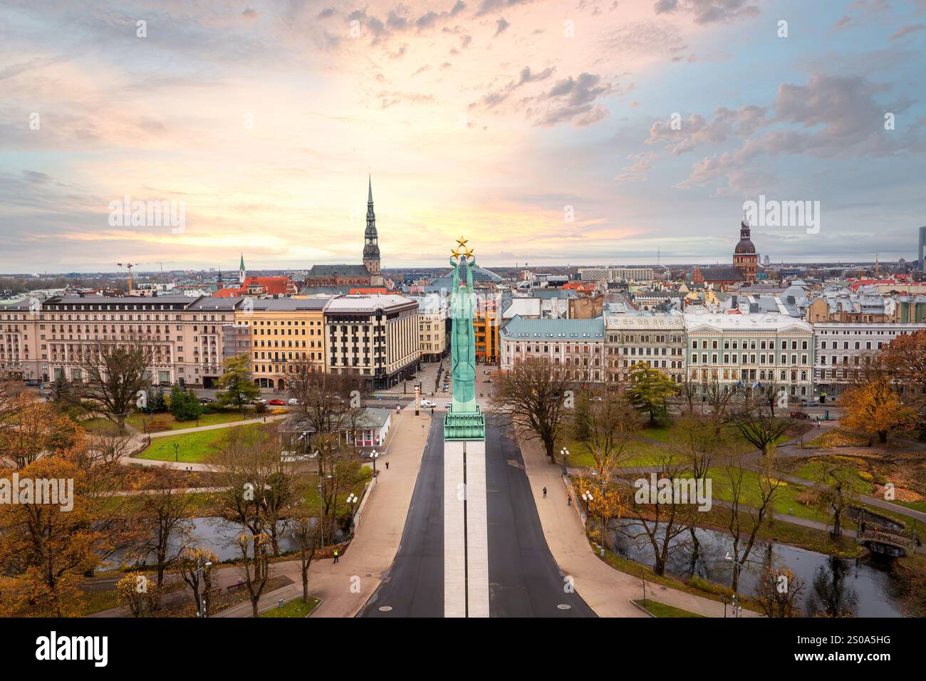 Aerial view of Riga, Latvia, featuring the Freedom Monument, lush parks ...