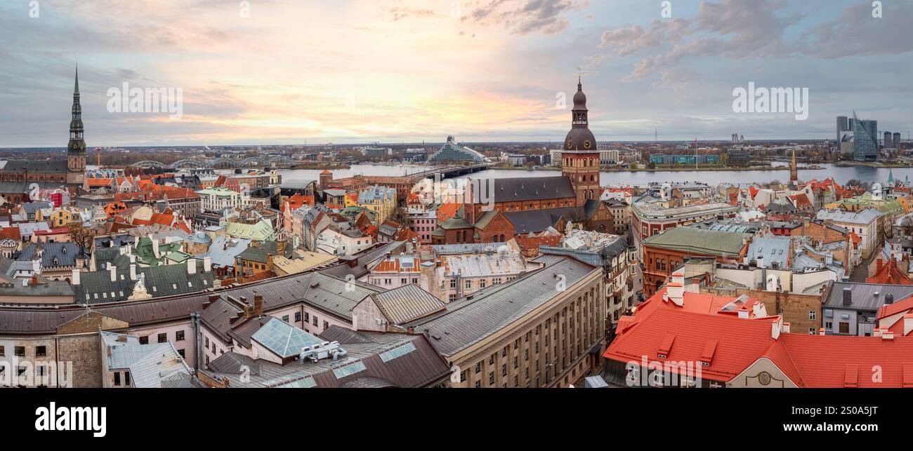 Riga's skyline features the Riga Cathedral spire, vibrant rooftops, and ...