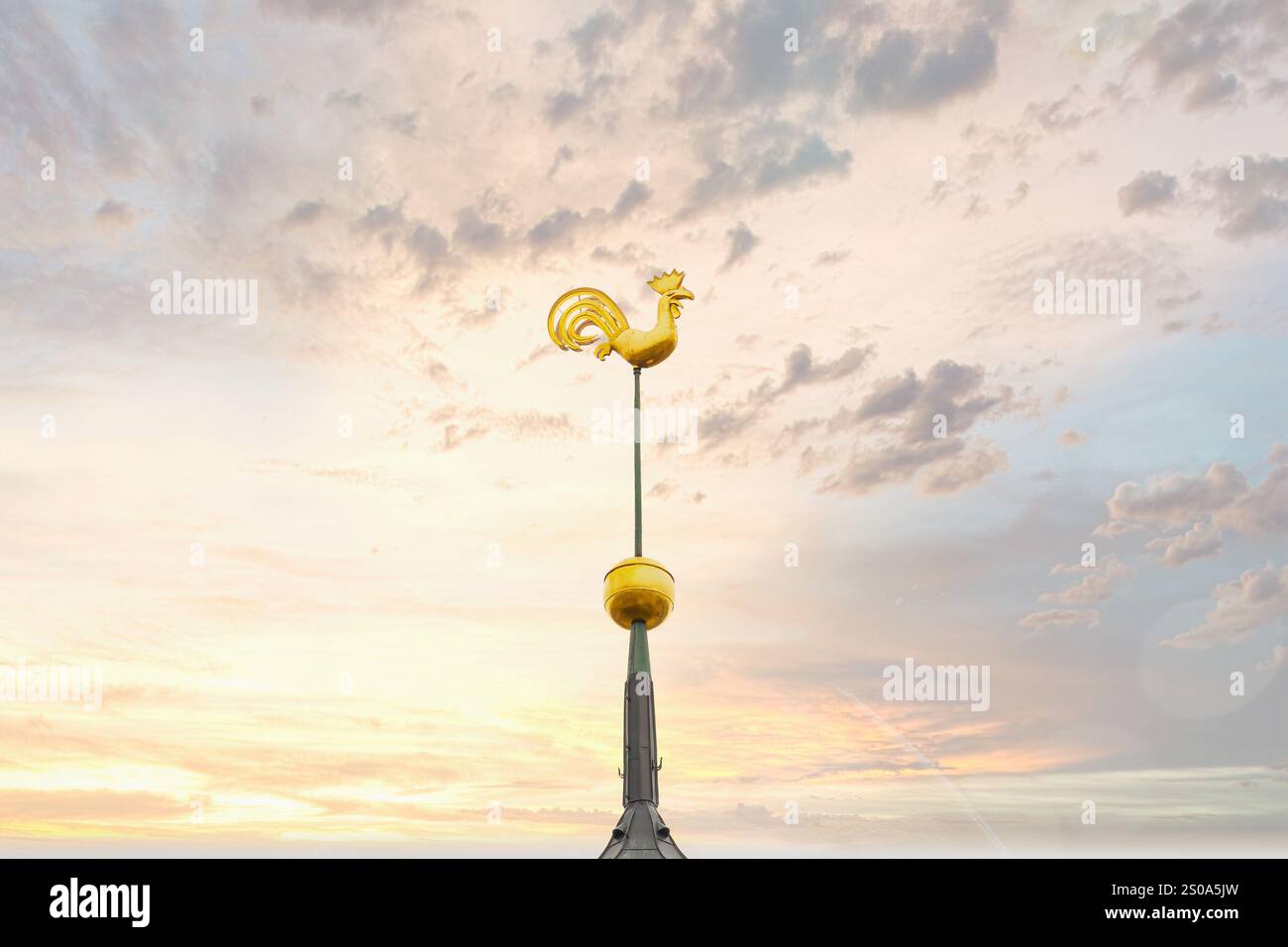 The intricately designed golden rooster weather vane sits atop St ...
