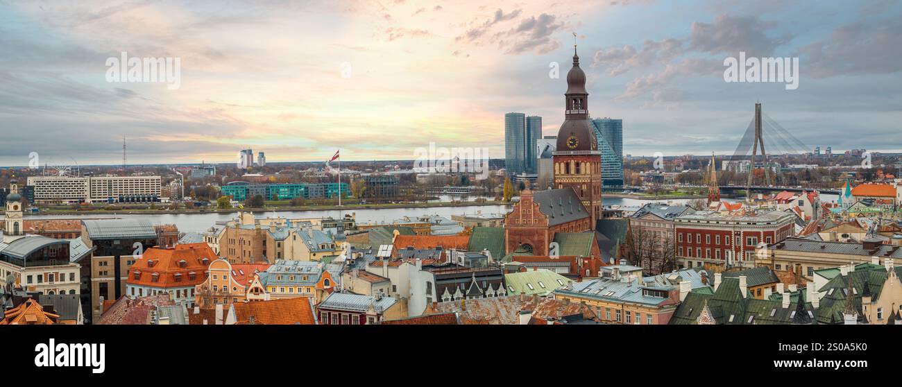 Aerial view of Riga, Latvia, featuring Riga Cathedral, Vansu Bridge ...