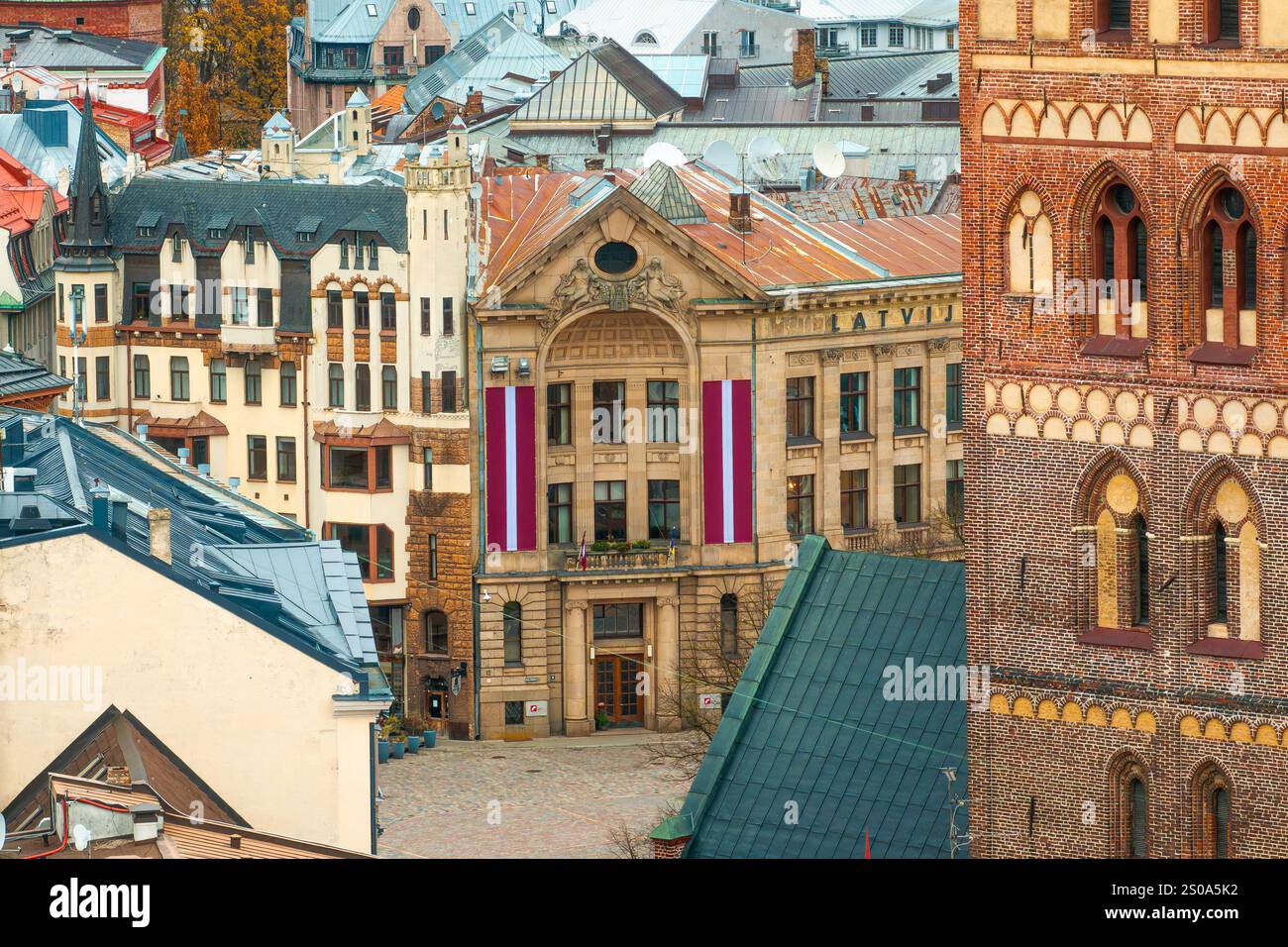 Aerial view of Riga, Latvia, featuring a central building with the ...