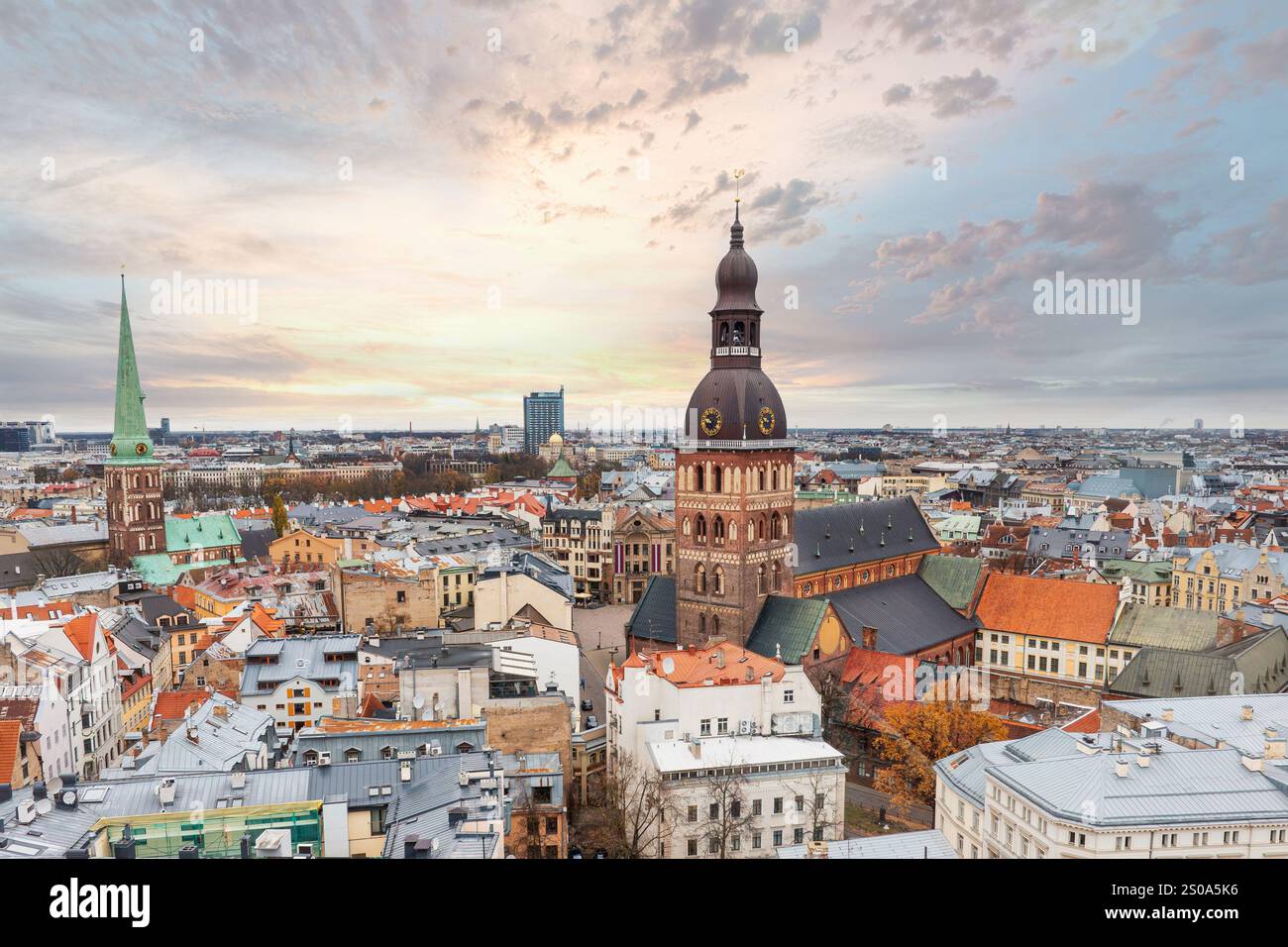 Aerial view of Riga, Latvia, featuring Riga Cathedral's black dome and ...