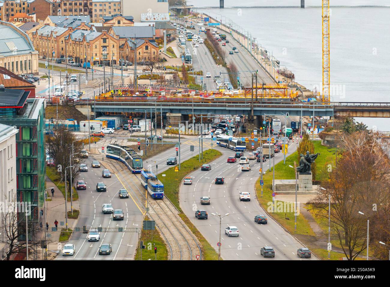 Aerial view of a busy urban area in Riga, Latvia, featuring a road ...