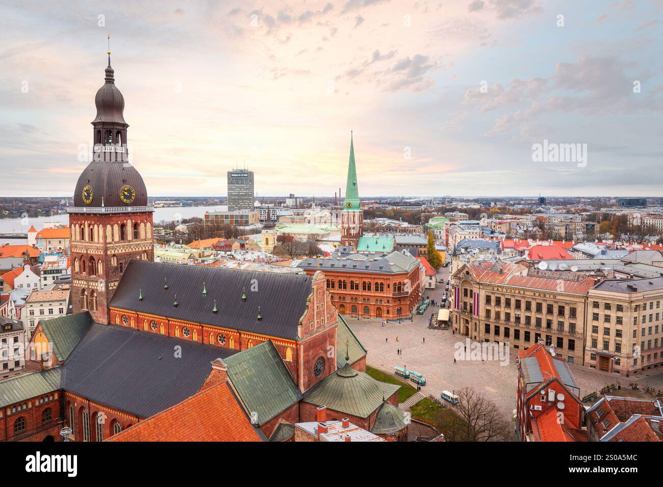 Aerial view of Riga, Latvia, featuring Riga Cathedral's black dome and ...