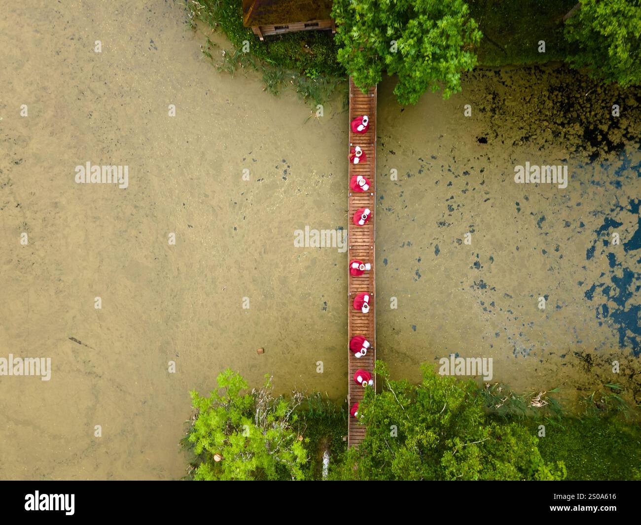 An aerial perspective shows a narrow wooden bridge lined with red ...