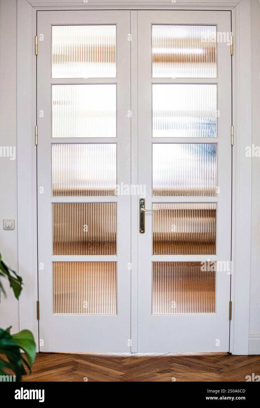 White double doors with ribbed glass panels are framed by a white wall ...