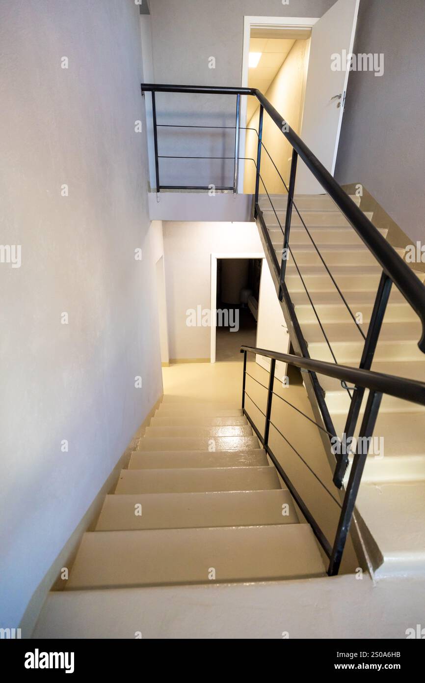 A modern staircase with beige steps and black railings leads to a lower ...