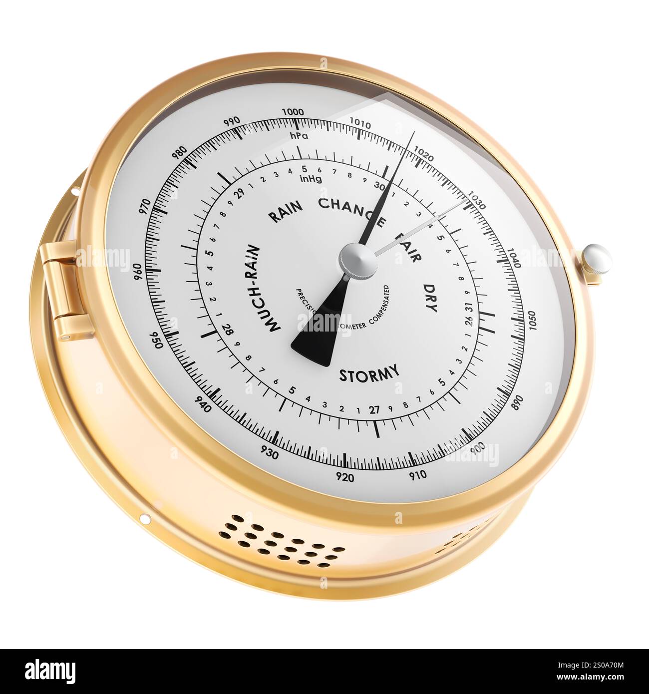 Golden Barometer, analog barometer. 3D rendering isolated on white ...