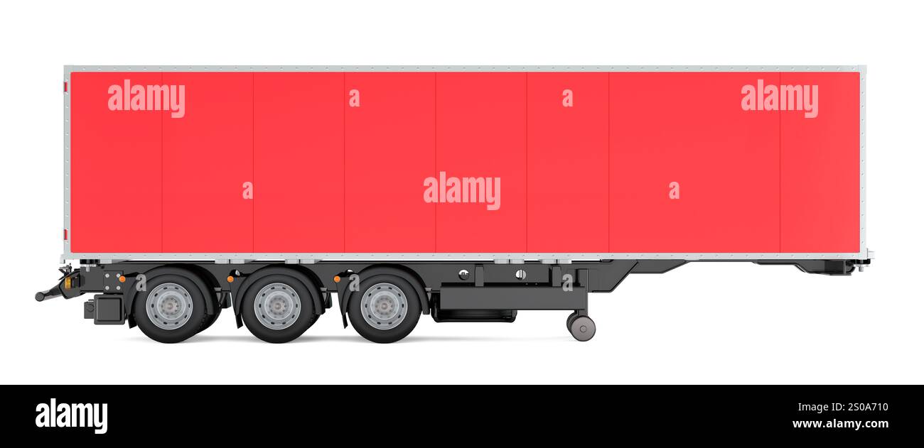 Red isothermal semi-trailer. Side view, 3D rendering isolated on white ...