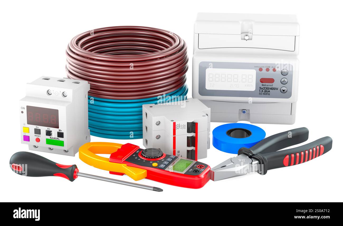 Electrical equipment and tools. 3D rendering isolated on white ...