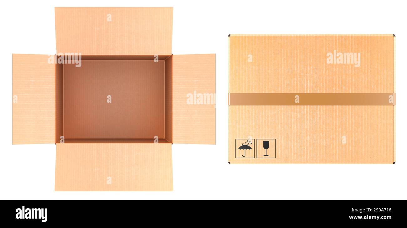 Opened Empty Parcel, cardboard box and closed parcel. 3D rendering ...