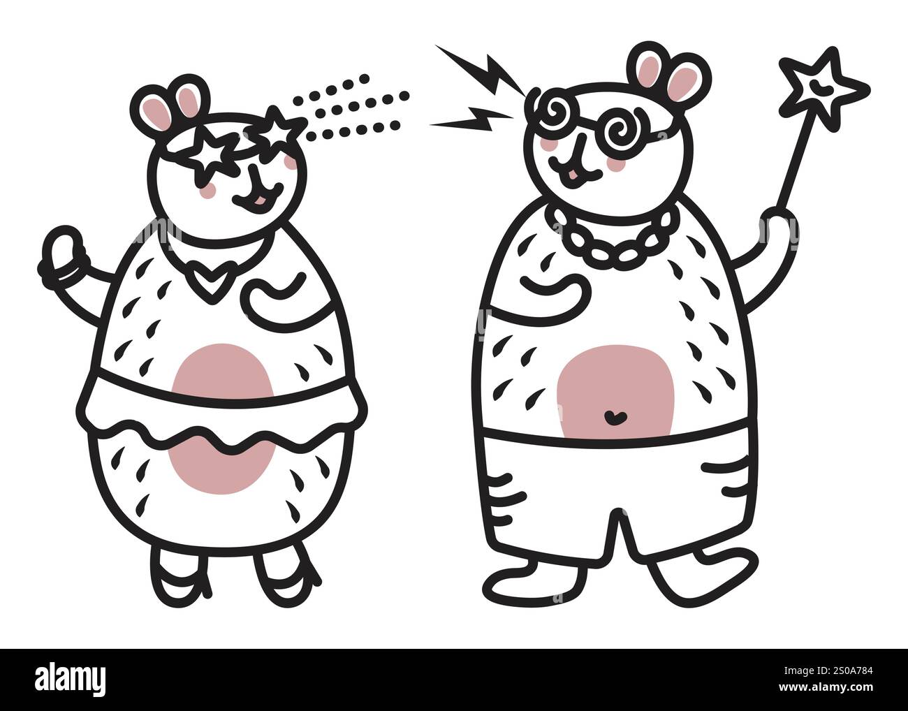 Two festive whimsical capybaras celebrate a holiday, black line vector ...