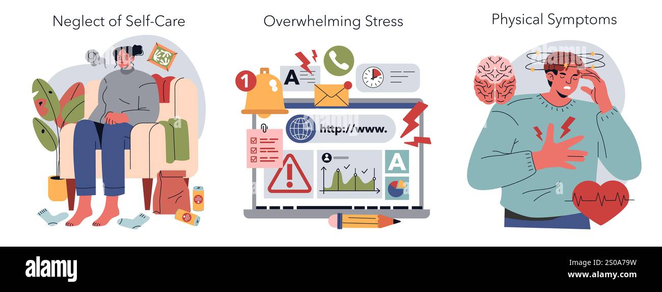 Burnout Signs set. Illustrations of a person's self-neglect ...