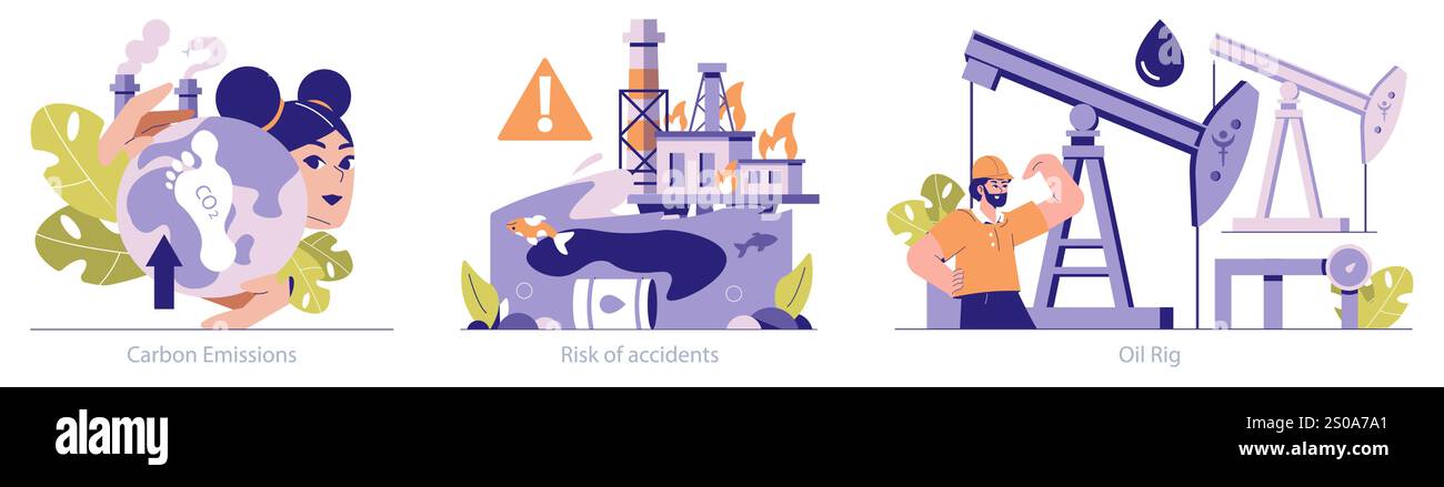 Oil and Gas Energy set. Environmental impact and industrial hazards of ...