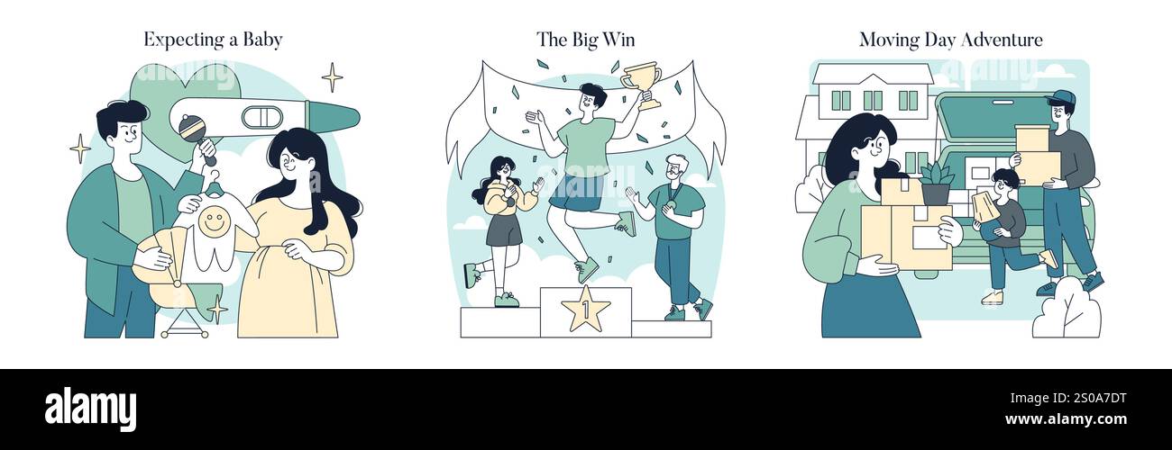 Life Moments set. Expecting parents, celebrating winning, and moving to ...