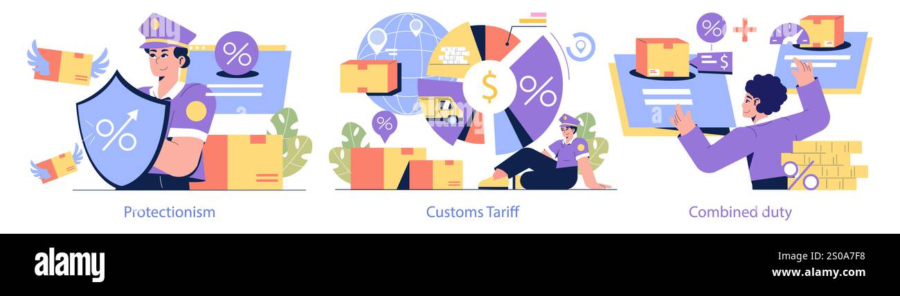 Customs Tariffs set illustrating protectionism, tariff imposition, and ...