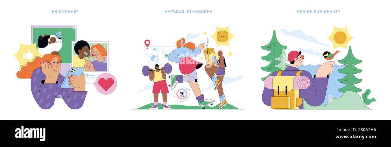 Human Values set. Illustrations depict friendship, enjoyment of ...