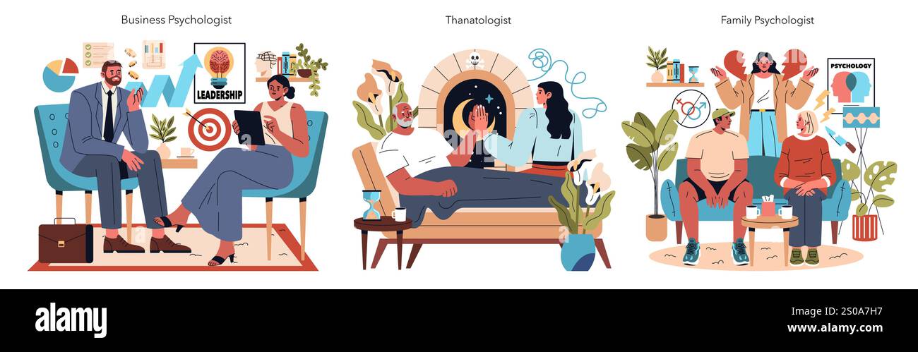 An illustration of therapy sessions between mental health professionals and clients, showcasing ...