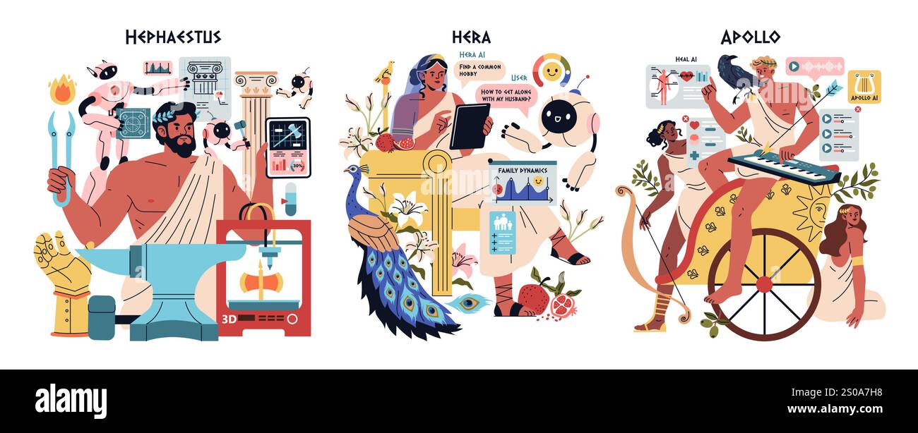 Olympic Gods set. Mythical deities Hephaestus, Hera, and Apollo ...