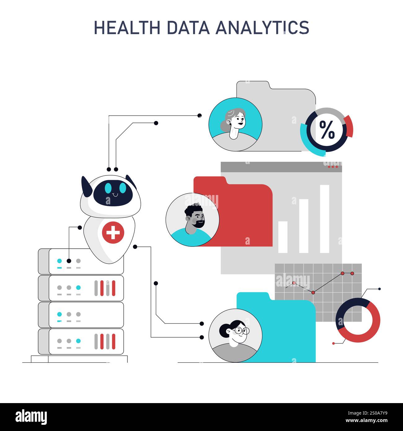 Health Data Analytics concept. A robot processes medical information ...