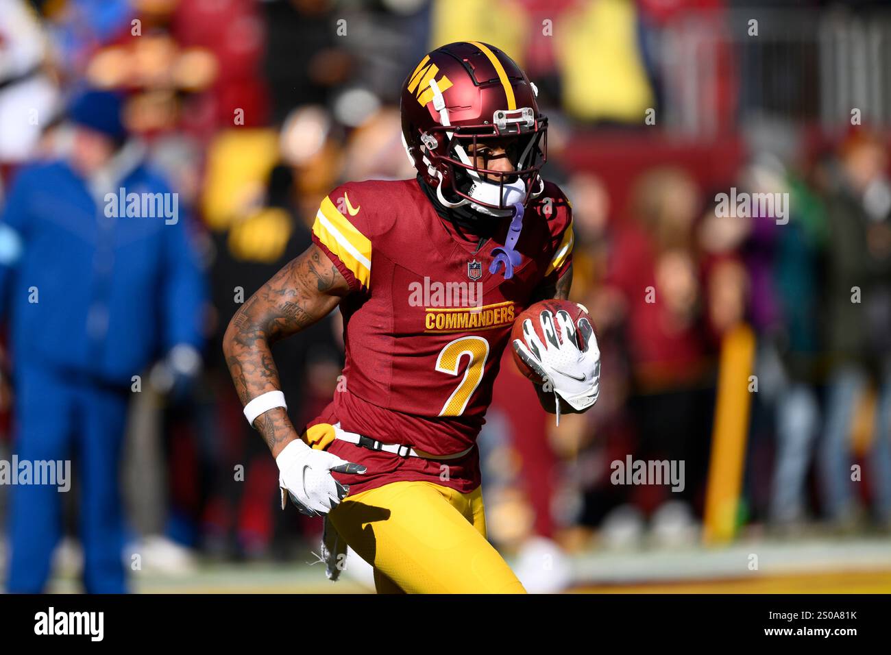 Washington Commanders wide receiver Dyami Brown (2) works out before an ...