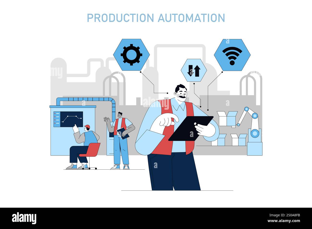 Production Automation concept. Workers and robots streamline tasks in a high-tech factory ...