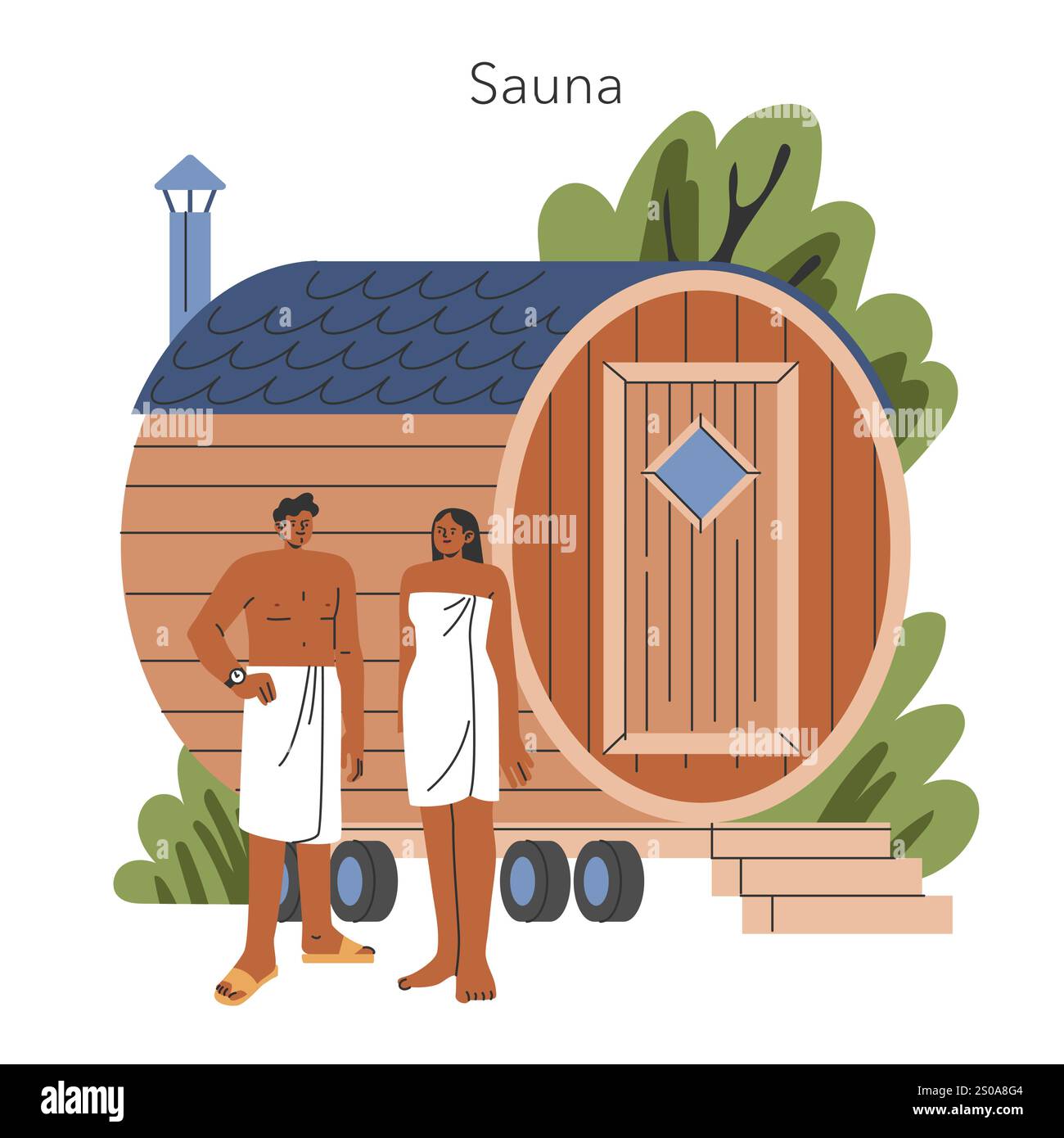 Wellness concept. A couple enjoying a serene moment outside a wooden ...