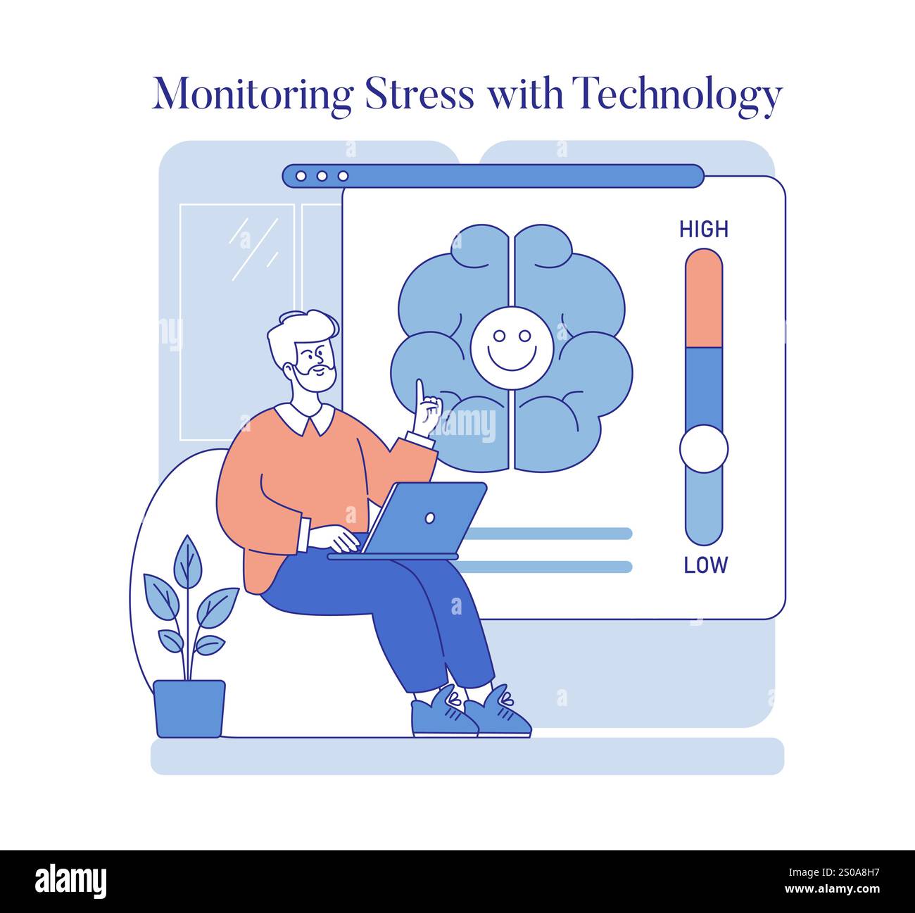 Work Burnout Prevention concept. Man using laptop with brain graphic ...