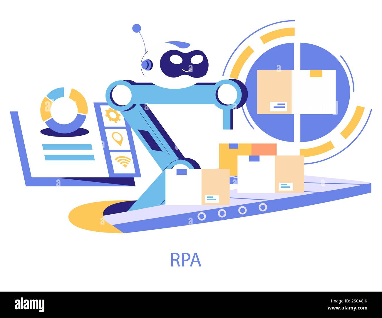 Logistics Automation concept. Robotic process automation in warehouse operations with conveyor ...