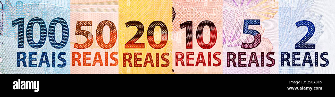 banknotes of money of brazil, in composite. Details of notes of 100, 50 ...