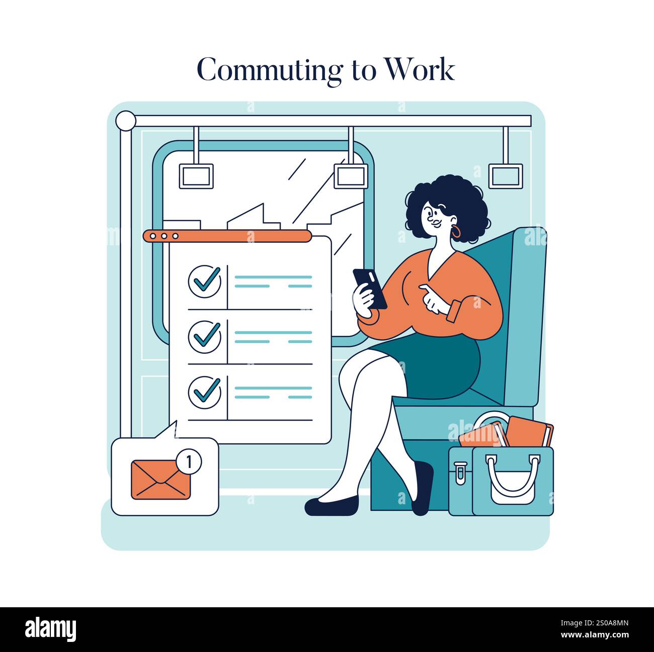 Working Mom Day concept. A mother multitasks during her daily commute ...