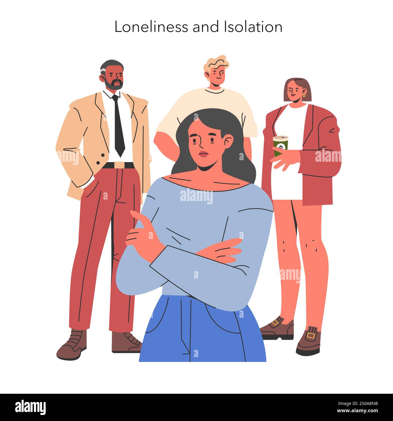 Loneliness concept. Woman feeling isolated in a crowd, portraying ...