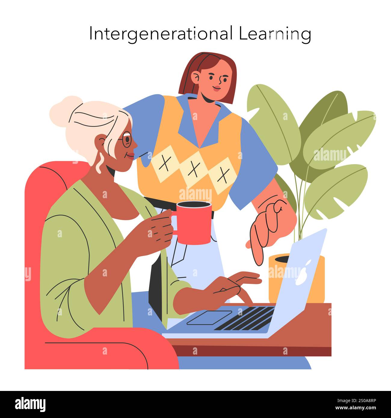 Intergenerational learning concept. Young and elderly women sharing knowledge using a laptop ...