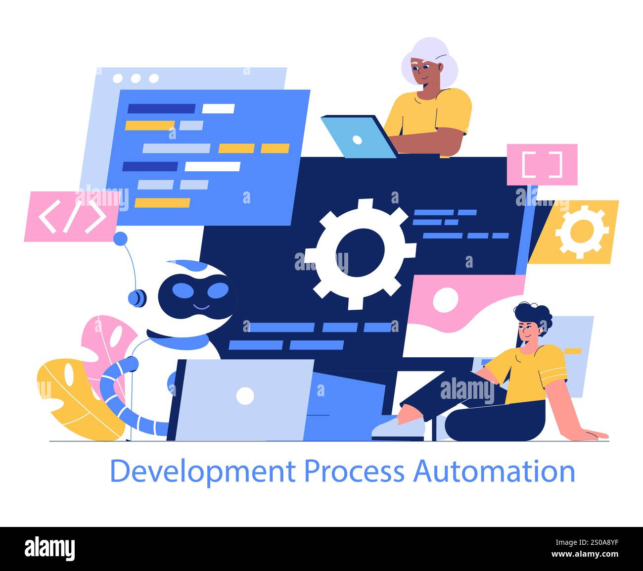 Development Process Automation concept. Coders and bot collaborate on ... Development Process Automation concept. Coders and bot collaborate on ...