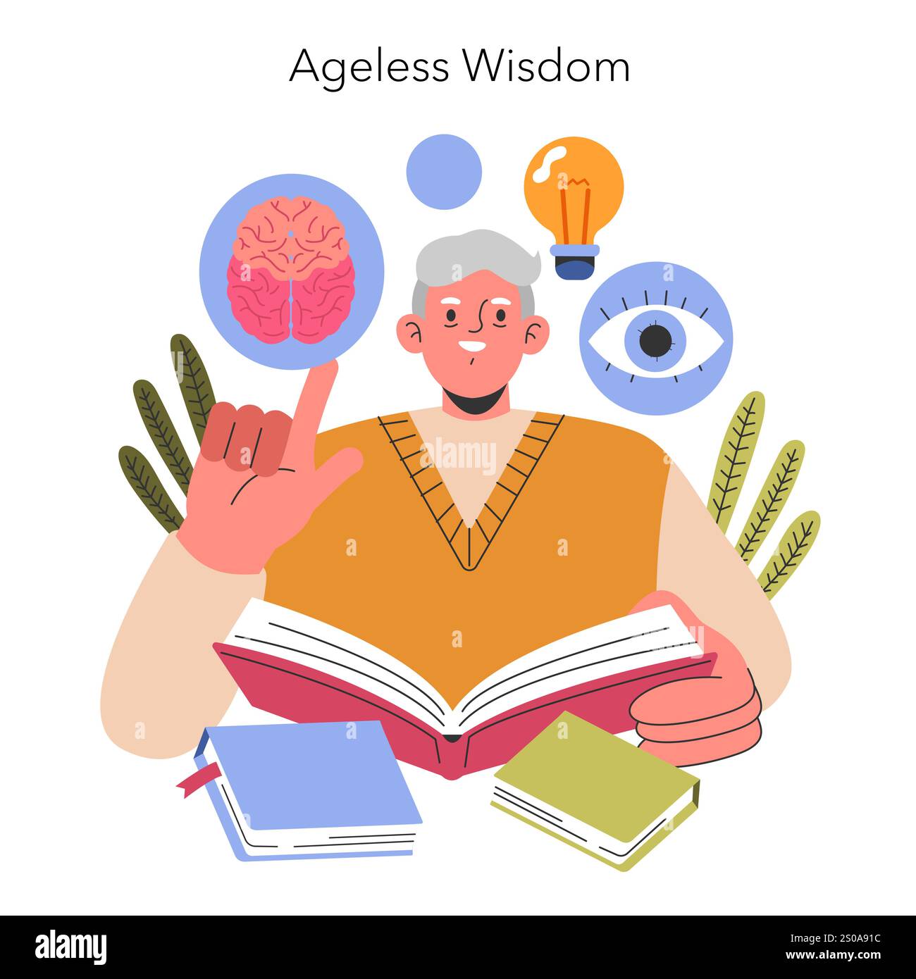 Perennial People concept. Elderly man surrounded by symbols of ...