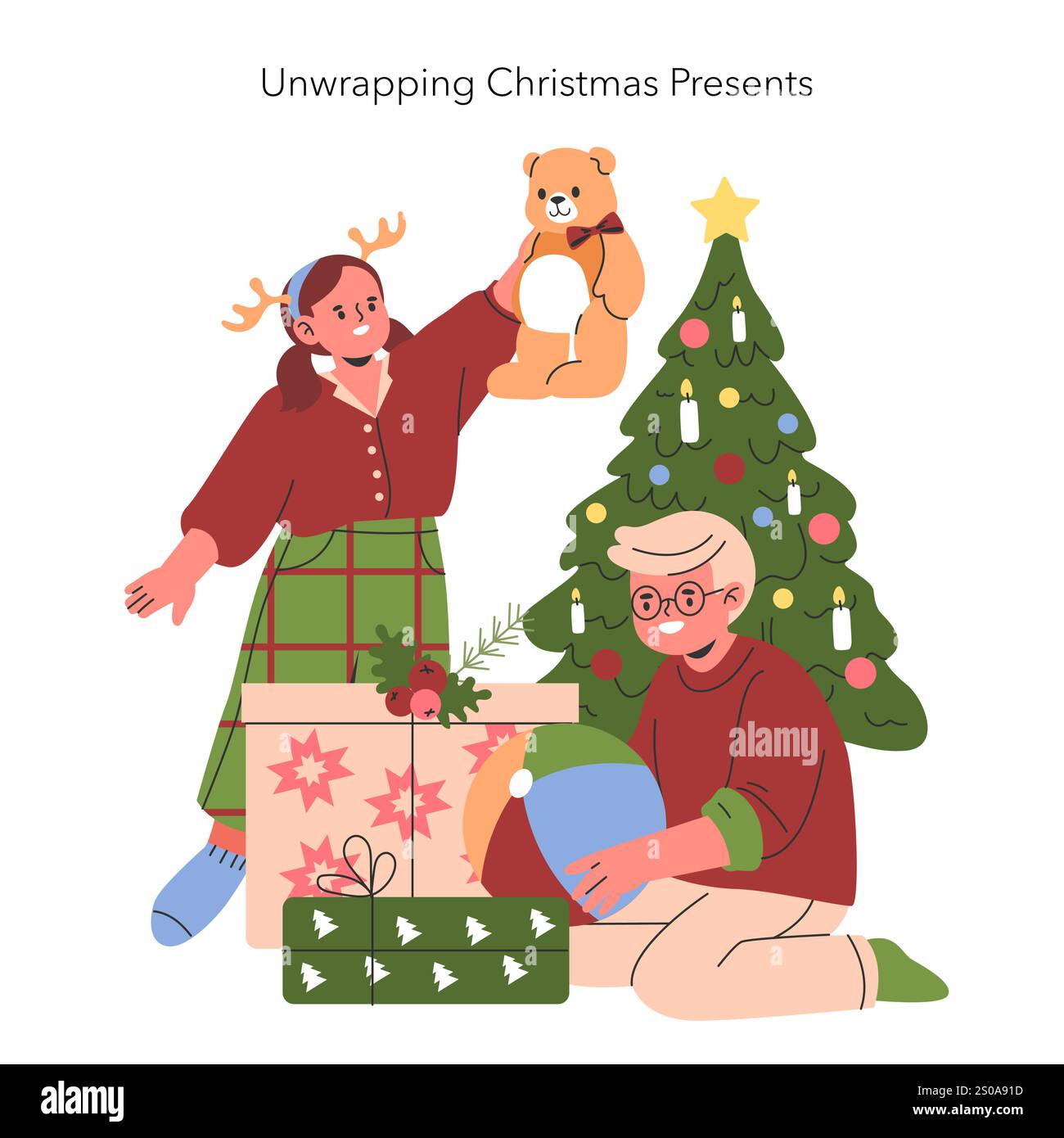 Christmas Family illustration. Two siblings celebrate opening presents ...